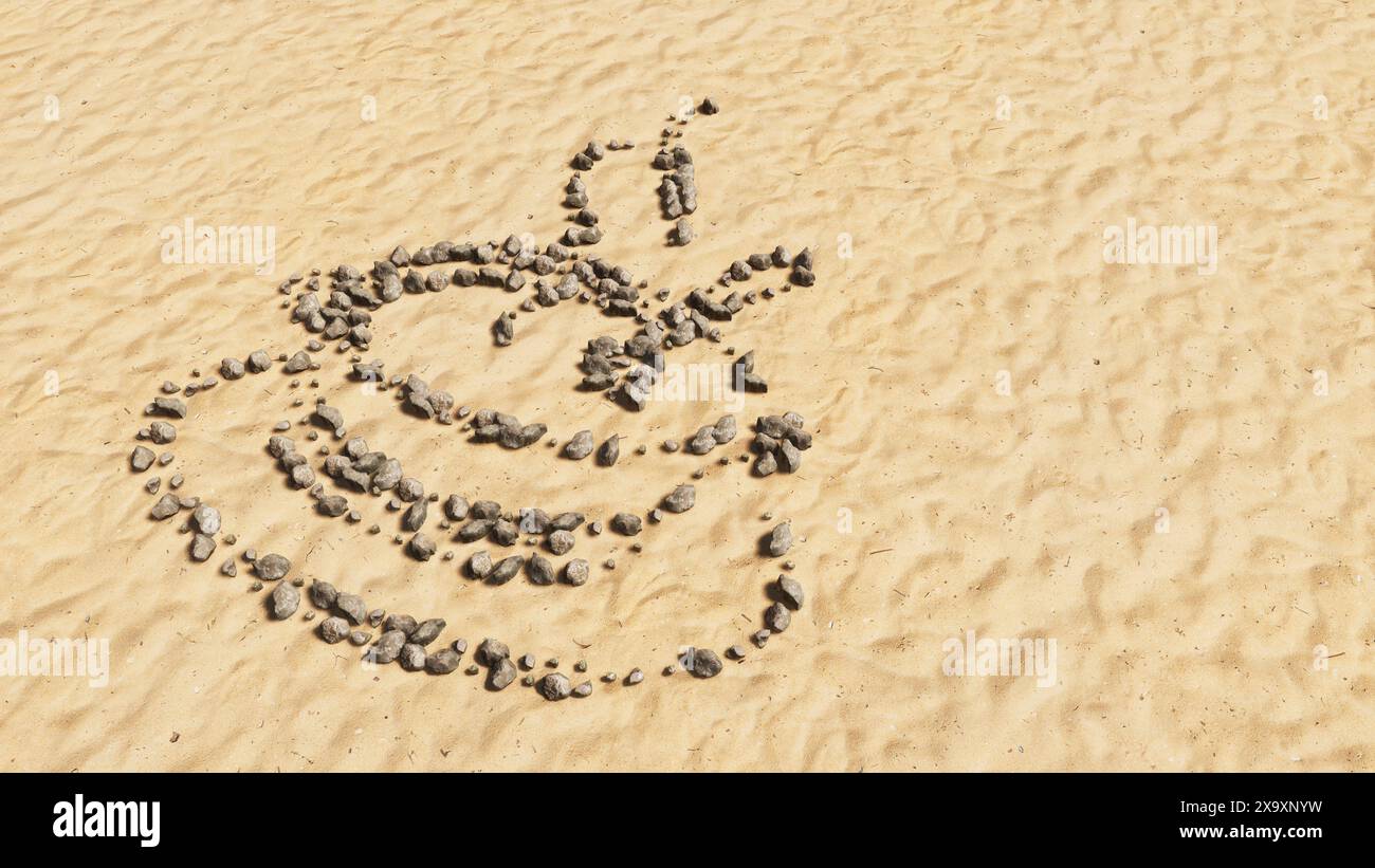 Conceptual stones on beach sand handmade symbol shape, golden sandy ...