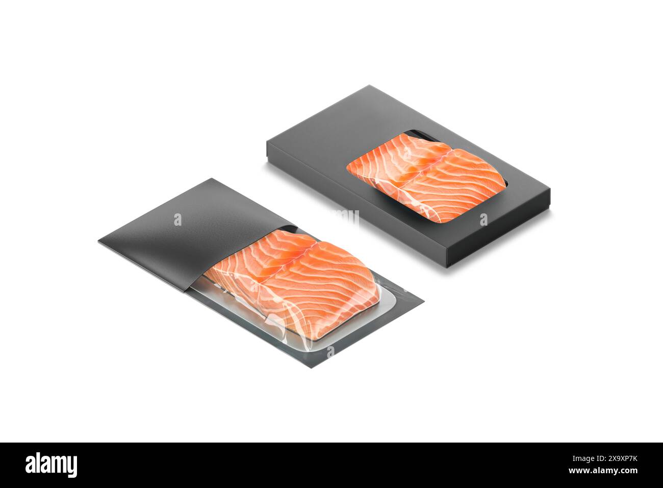 Blank black box and transparent label pack with salmon mockup Stock ...