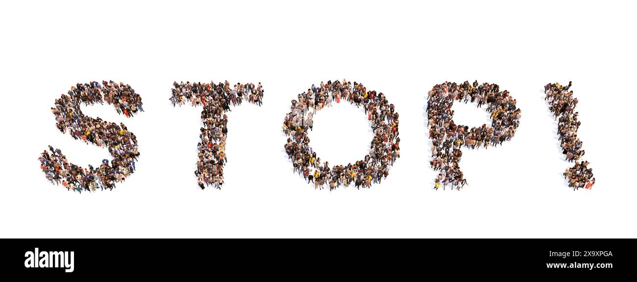 Concept or conceptual large community of people forming the word STOP ...