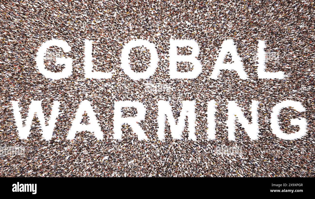 Conceptual large community of people forming GLOBAL WARMING message. 3d ...