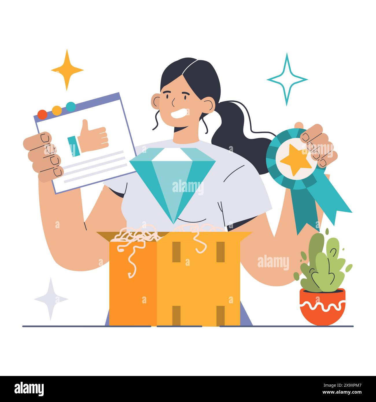 Value Proposition theme. Confident woman showcases a thumbs-up document ...