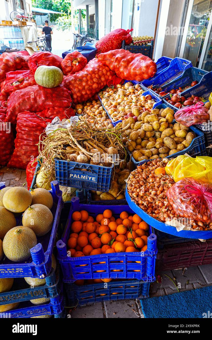 Vegetable shop, greengrocers in Dalyan, Turkey, showing colourful local ...