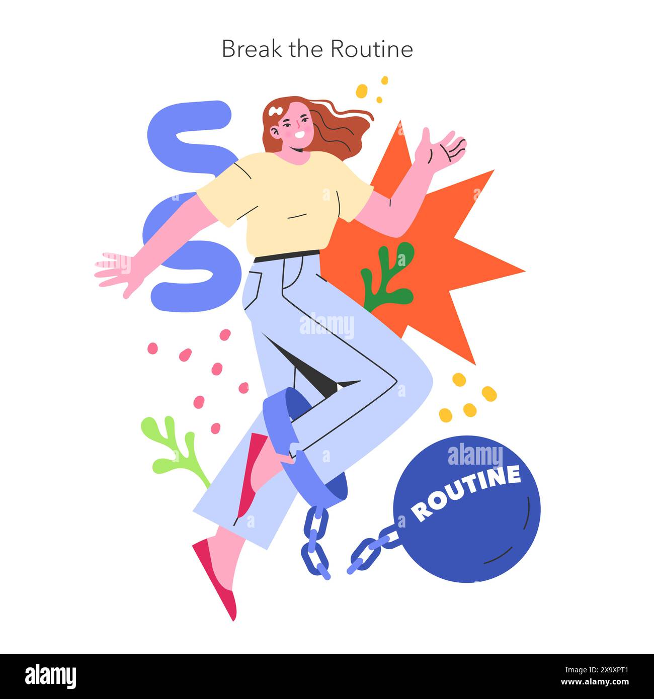 YOLO concept. Joyful person breaking free from the shackles of routine ...