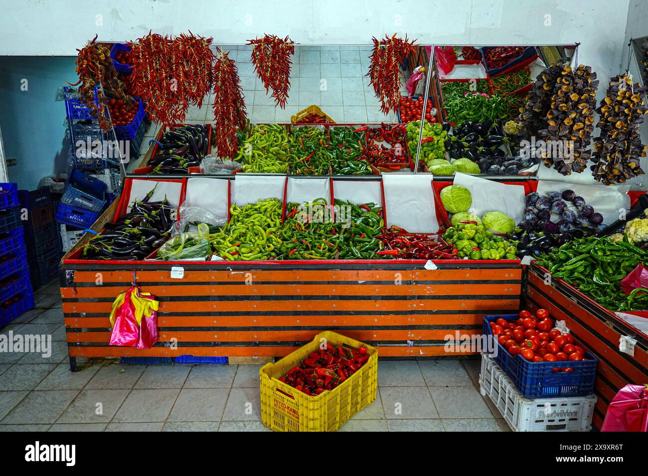 Vegetable shop, greengrocers in Dalyan, Turkey, showing colourful local ...