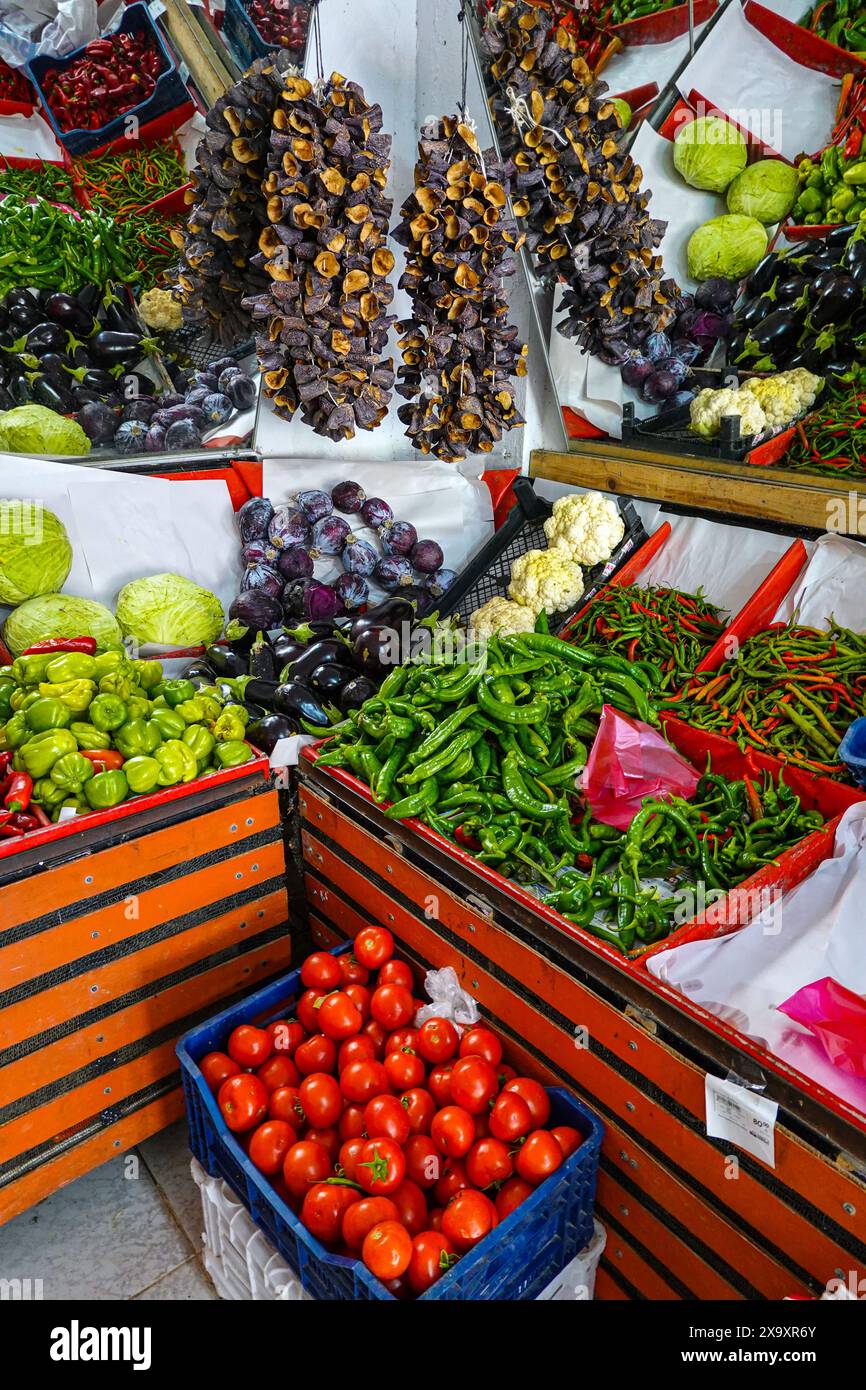 Vegetable shop, greengrocers in Dalyan, Turkey, showing colourful local ...