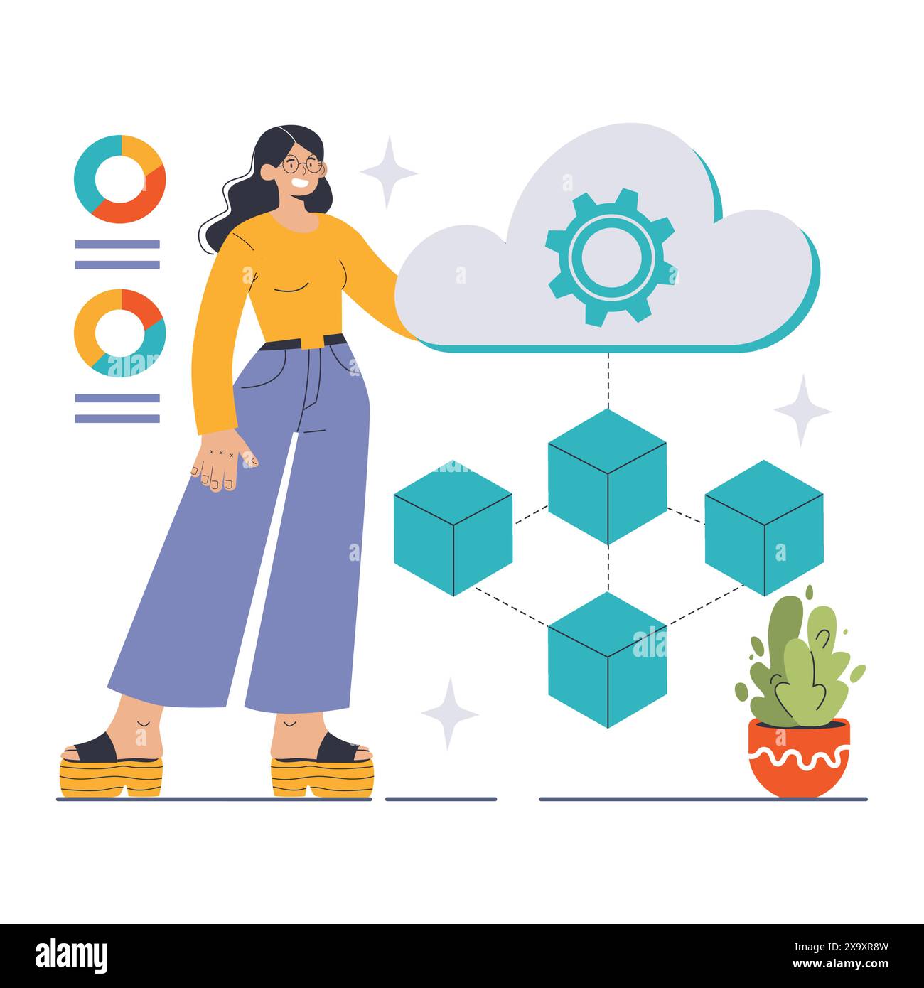 Cloud Containerization Concept Woman Presenting Modular Tech Architecture For Efficient App