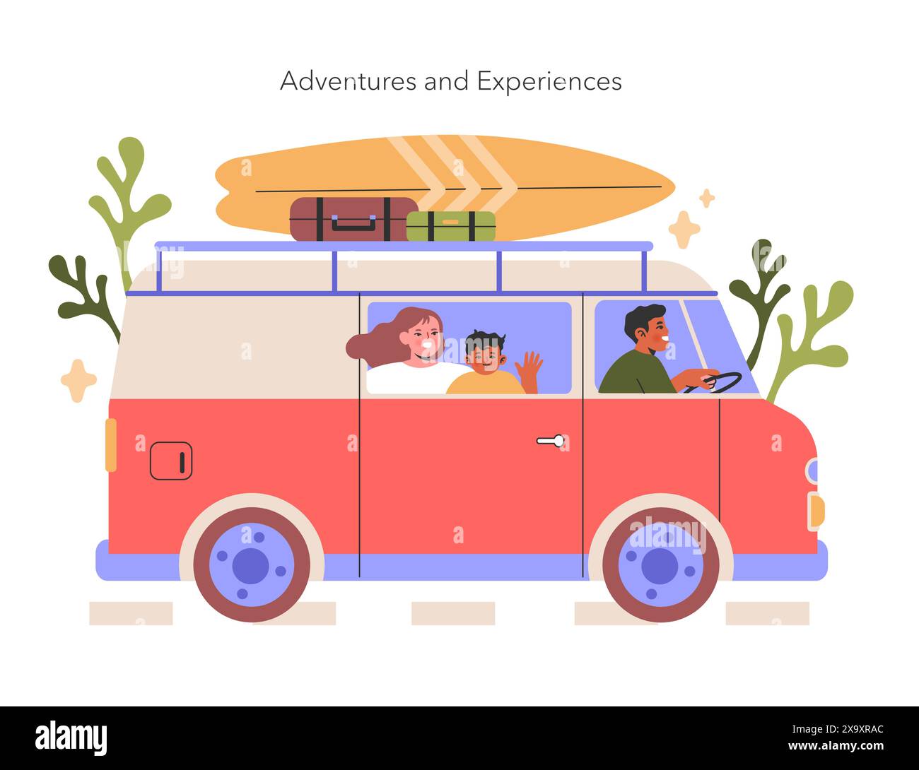 Adventures and Experiences illustration. A millennial family enjoys a ...