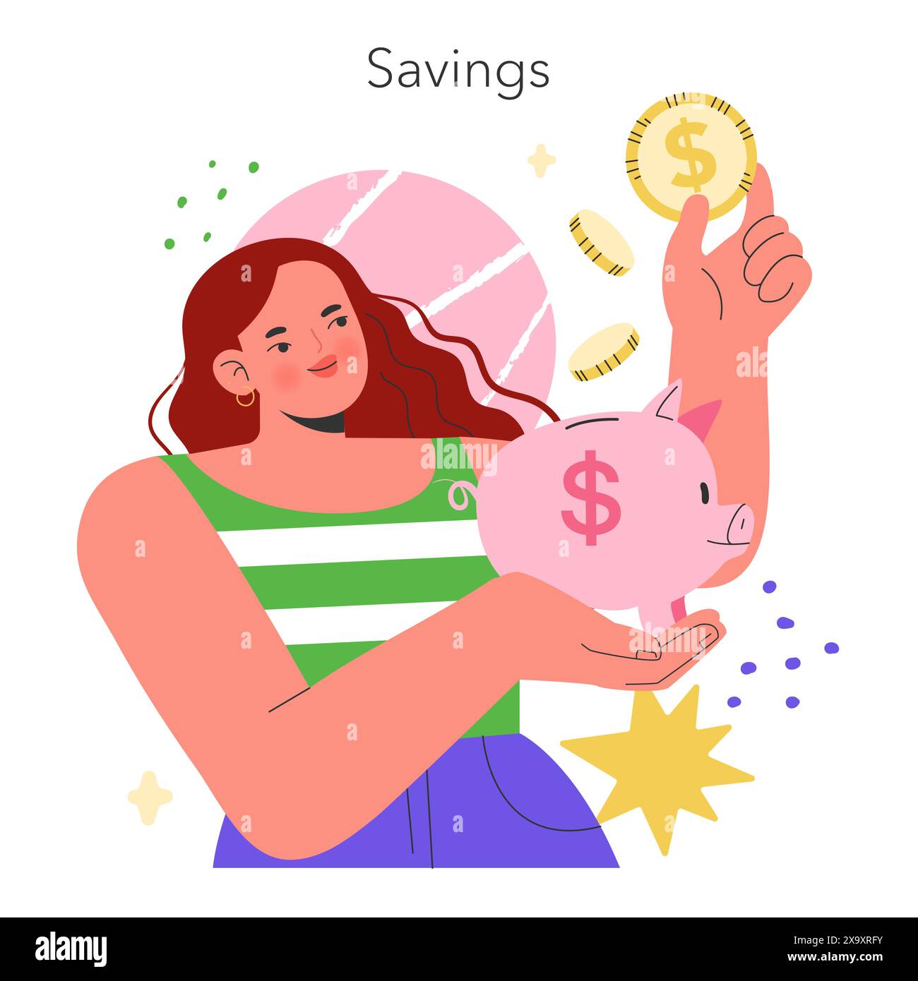 Personal finance concept. Woman depositing money in a piggy bank for ...