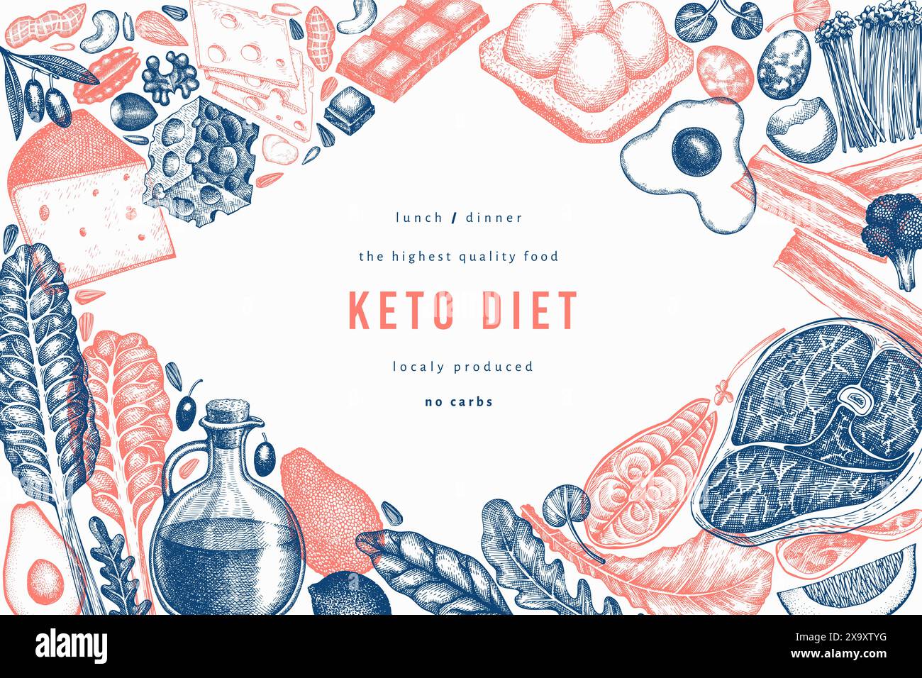 Keto Diet Design Template. Vector Hand Drawn Healthy Food Banner ...