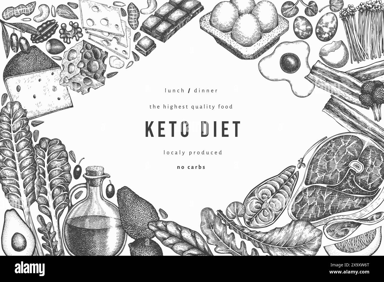 Keto Diet Design Template. Vector Hand Drawn Healthy Food Banner ...