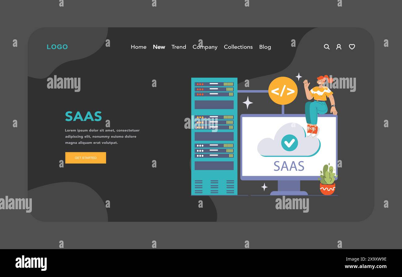 SaaS platform concept with a cheerful user interacting with cloud ...