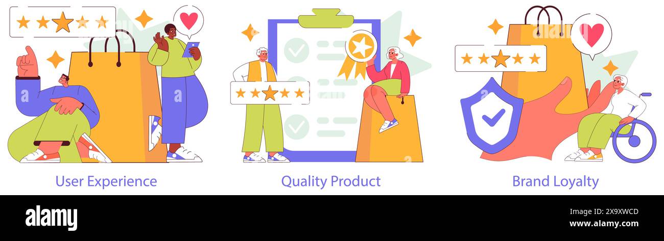 Brand Trust set. Illustration of consumers enjoying a positive user ...