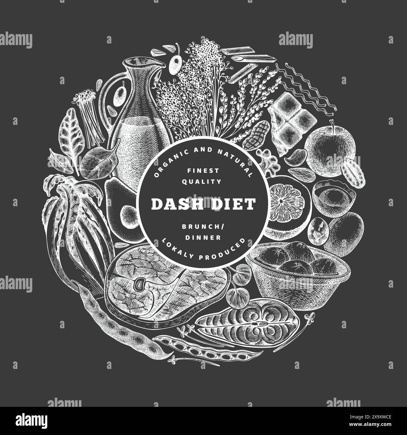 Dash Diet Design Template. Vector Hand Drawn Chalk Board Healthy Food ...