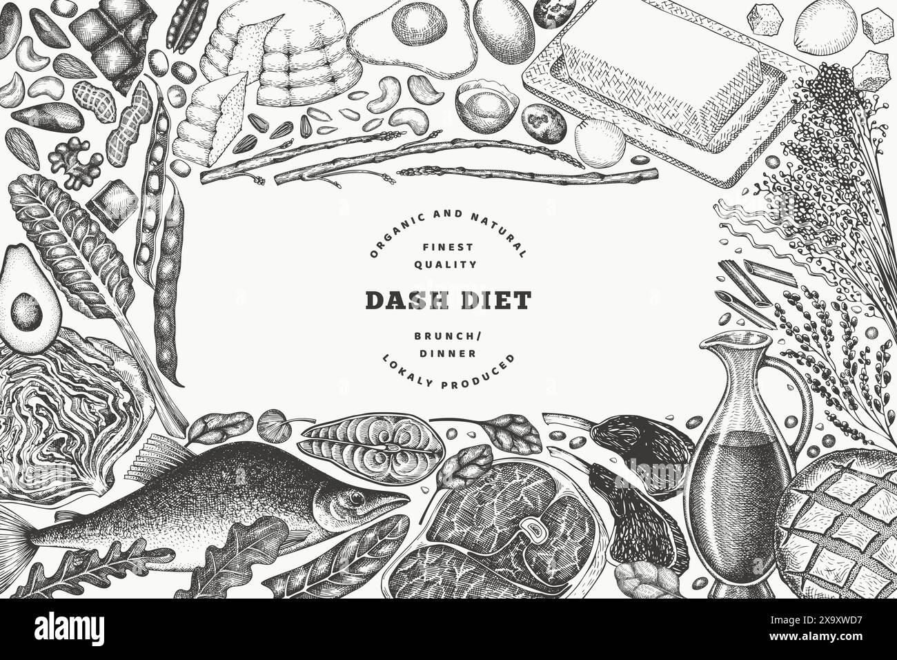 Dash Diet Design Template. Vector Hand Drawn Healthy Food Banner ...