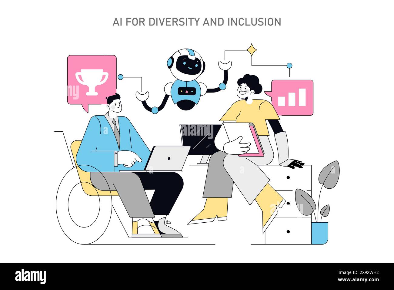 AI technology enhancing diversity and inclusion in the workplace with friendly robot engaging ...