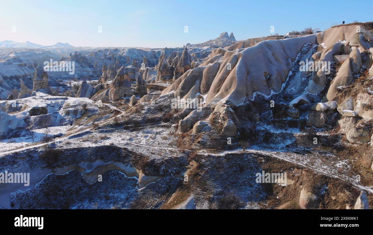 Aerial view of fairy chimney rock formation in Goreme Valley and ...