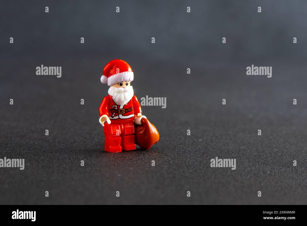 Santa Claus toy. Lego constructor from mini bricks copy space. Children ...