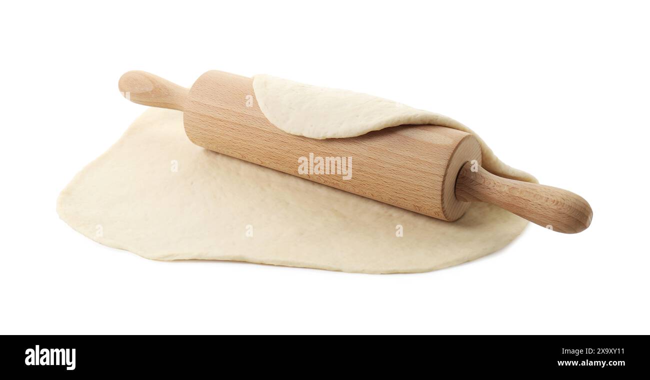 Raw dough and rolling pin isolated on white Stock Photo - Alamy