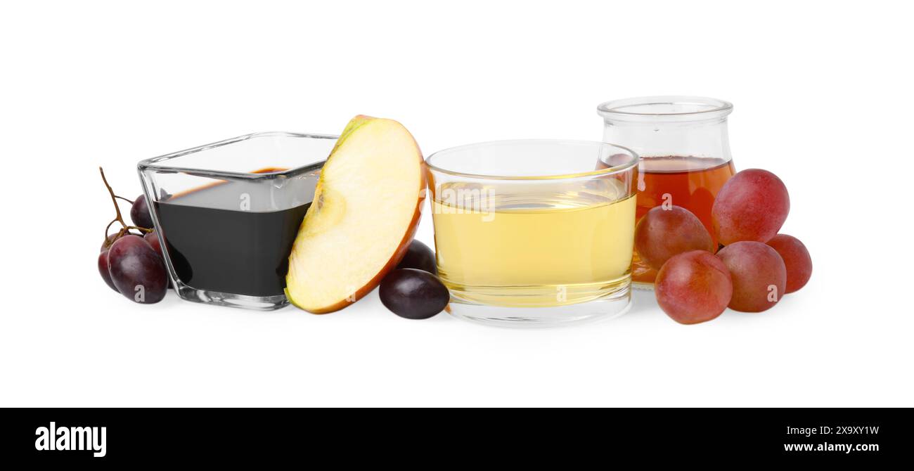 Different types of vinegar and ingredients isolated on white Stock ...