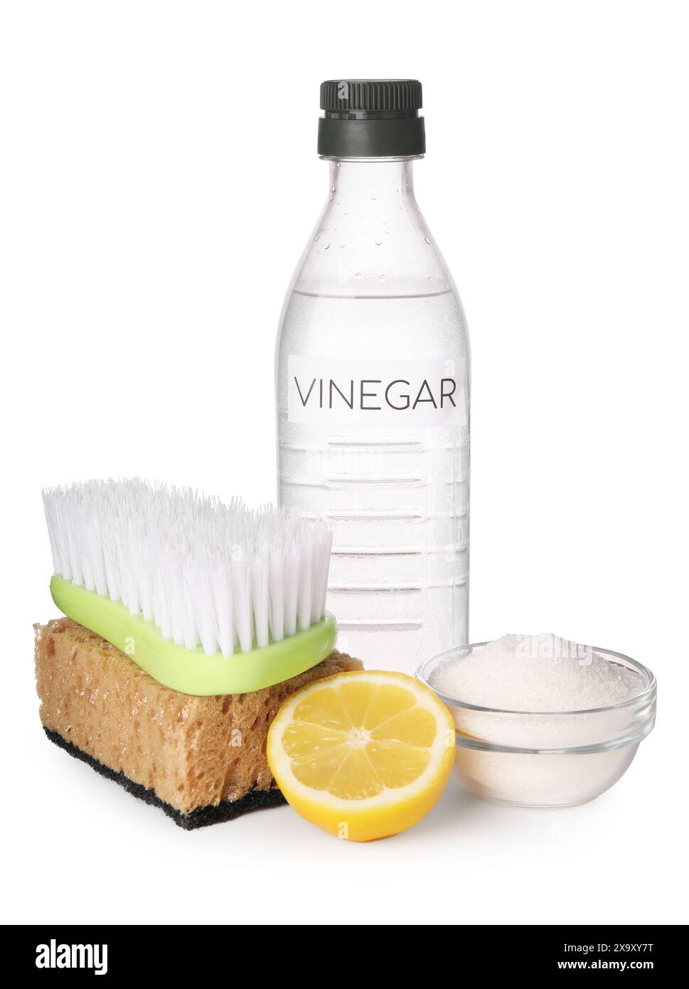 Eco friendly natural cleaners. Vinegar in bottle, brush, bowl of soda ...