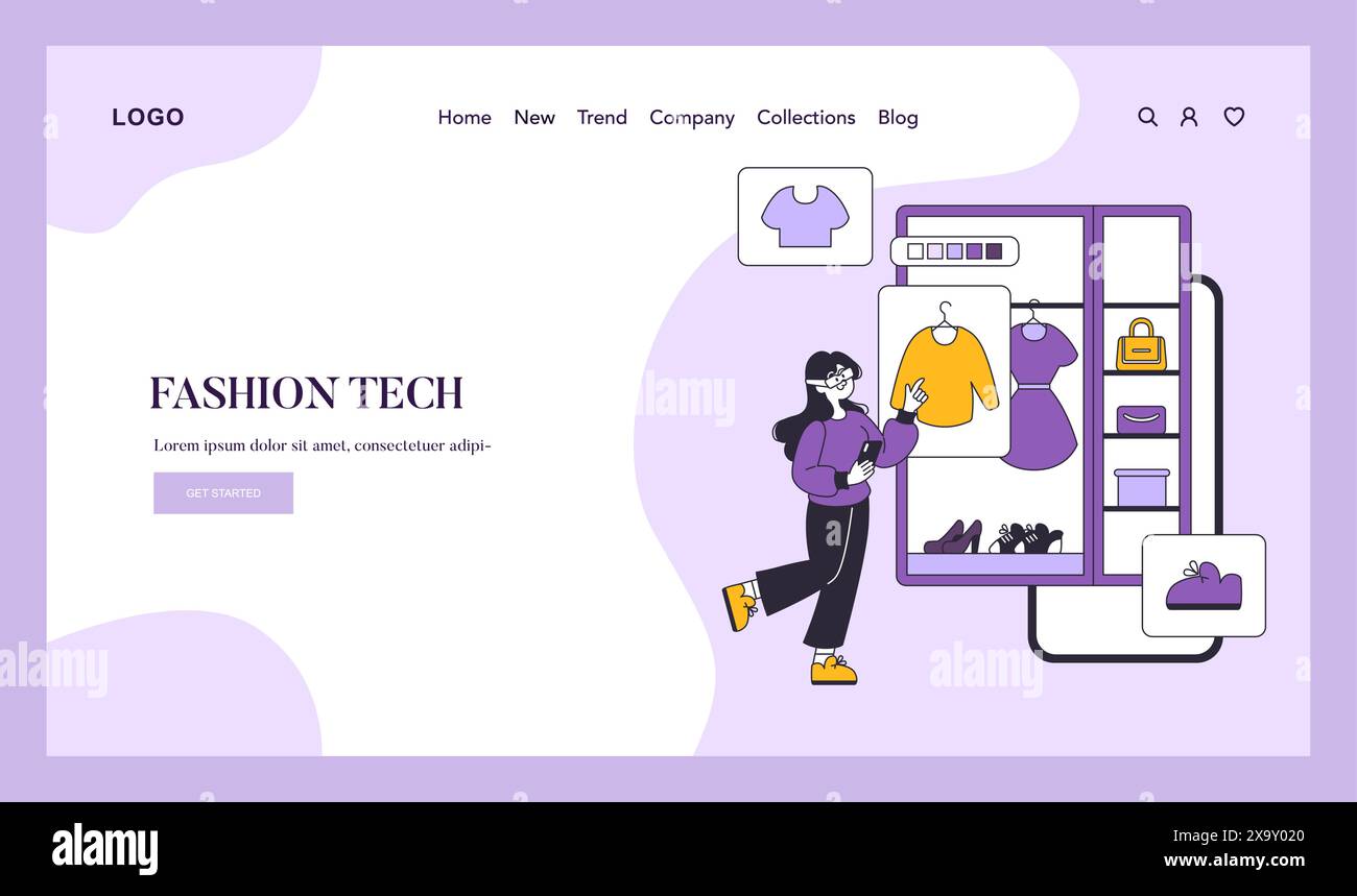 Fashion tech concept. Woman interacts with a digital wardrobe interface ...