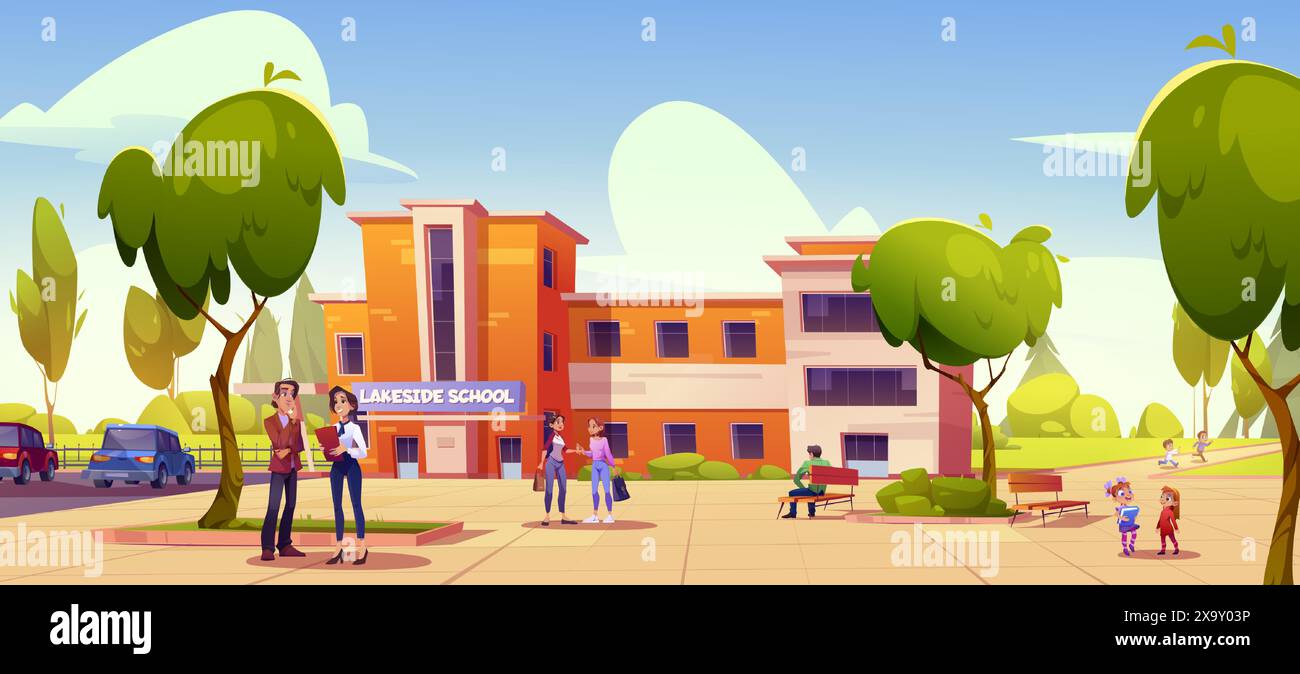 School building exterior with sidewalk, bench and green trees in yard ...