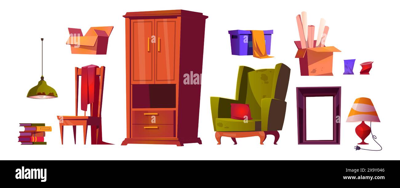 Old messy home living room interior furniture and equipment. Cartoon ...
