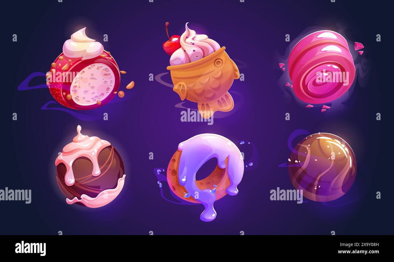 Sweet dessert planets set isolated on background. Vector cartoon ...