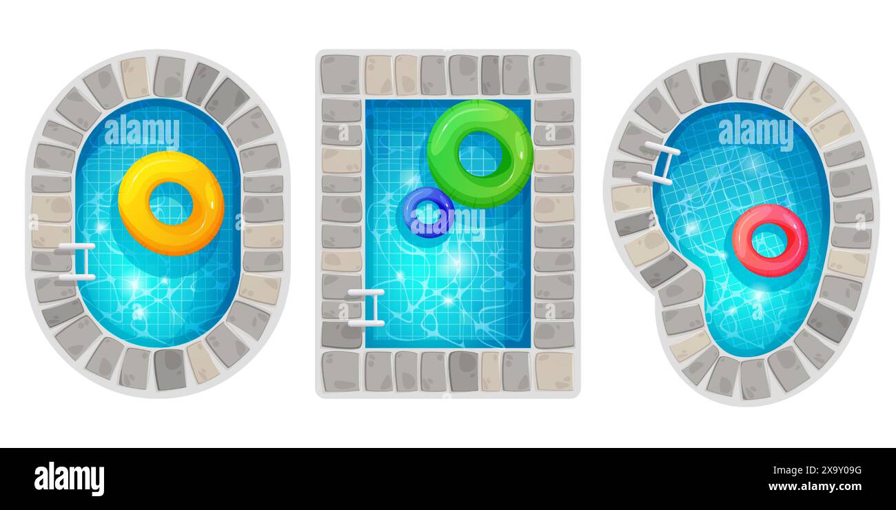 Top view swimming pools set isolated on white. Vector cartoon ...