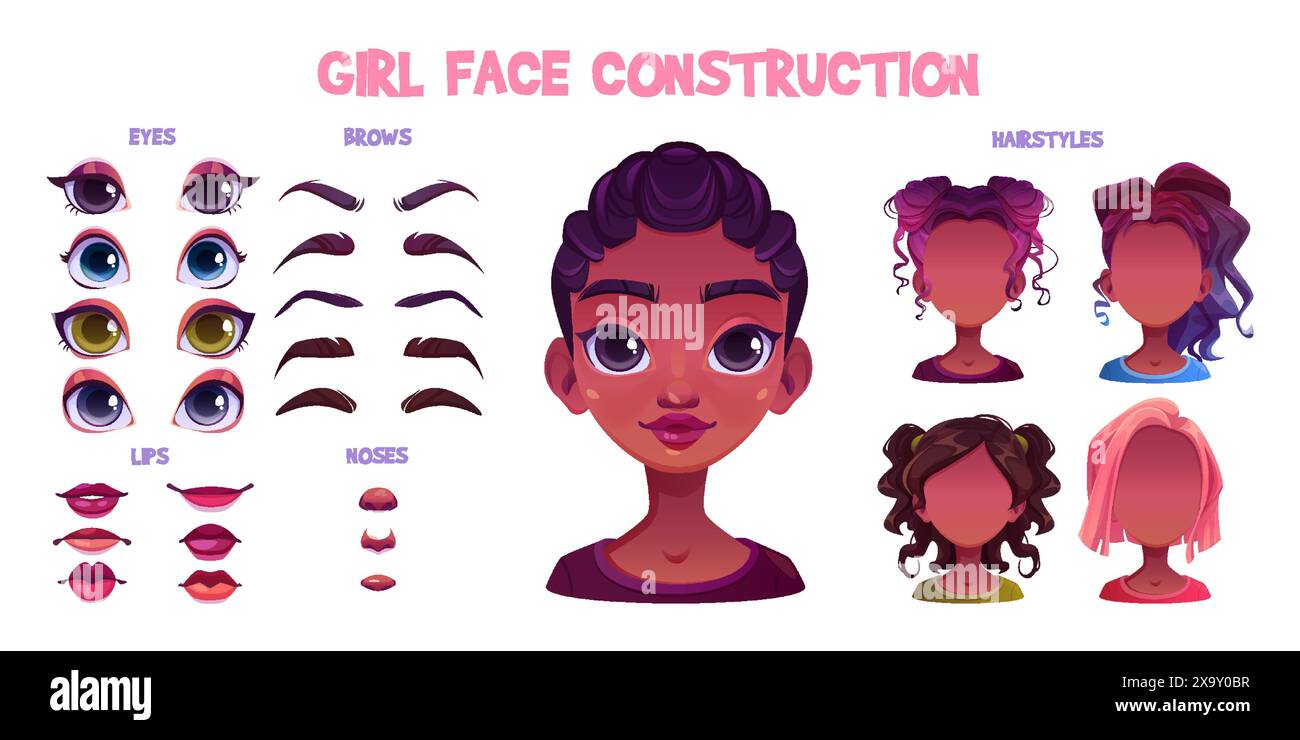 African girl face construction set isolated on white background. Vector ...