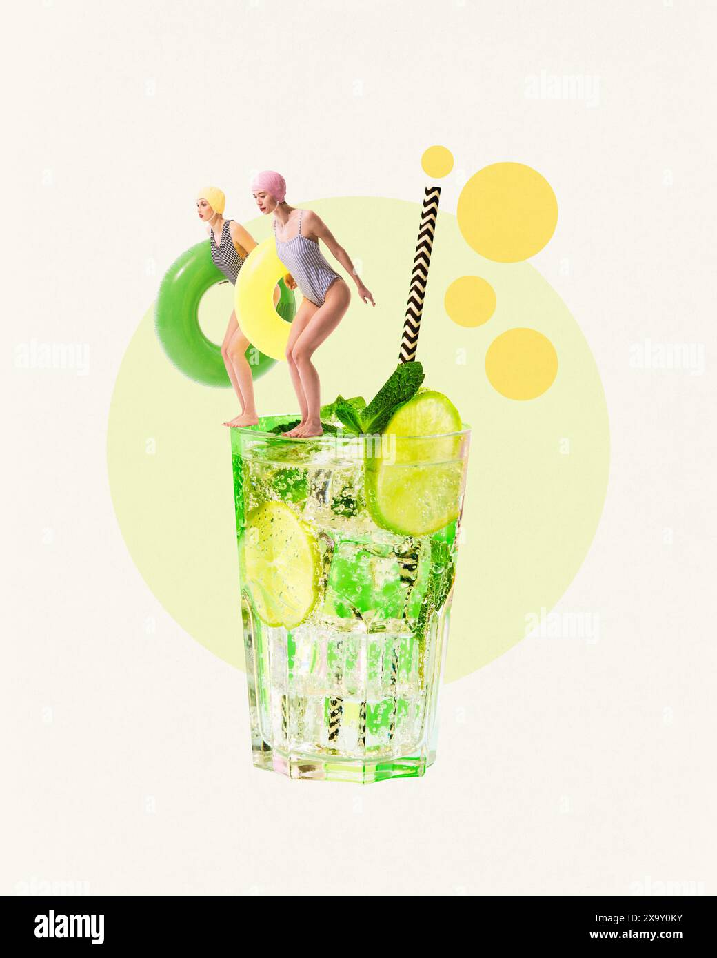Two women in retros swimsuits, with floating rings standing on mojito ...