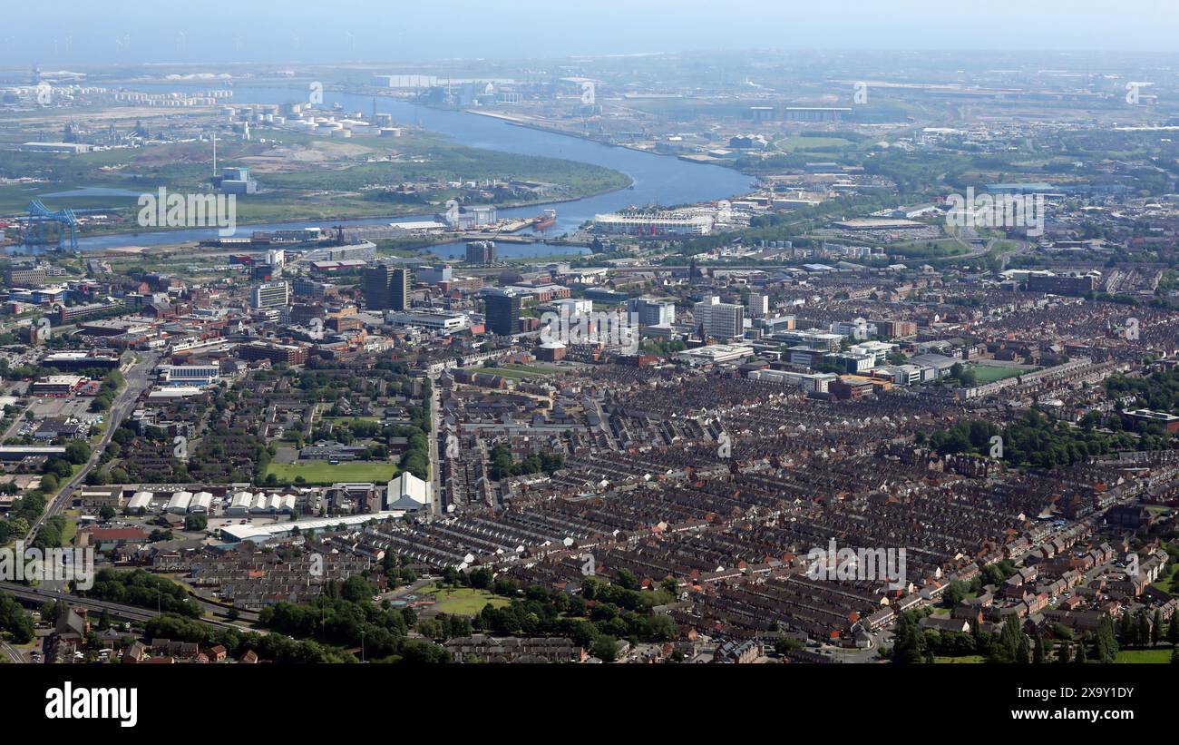 aerial view of the Middlesbrough town skyline from the west looking up ...