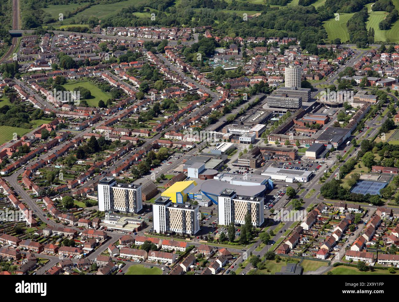 Aerial view of Billingham town centre (looking East to West) with the ...