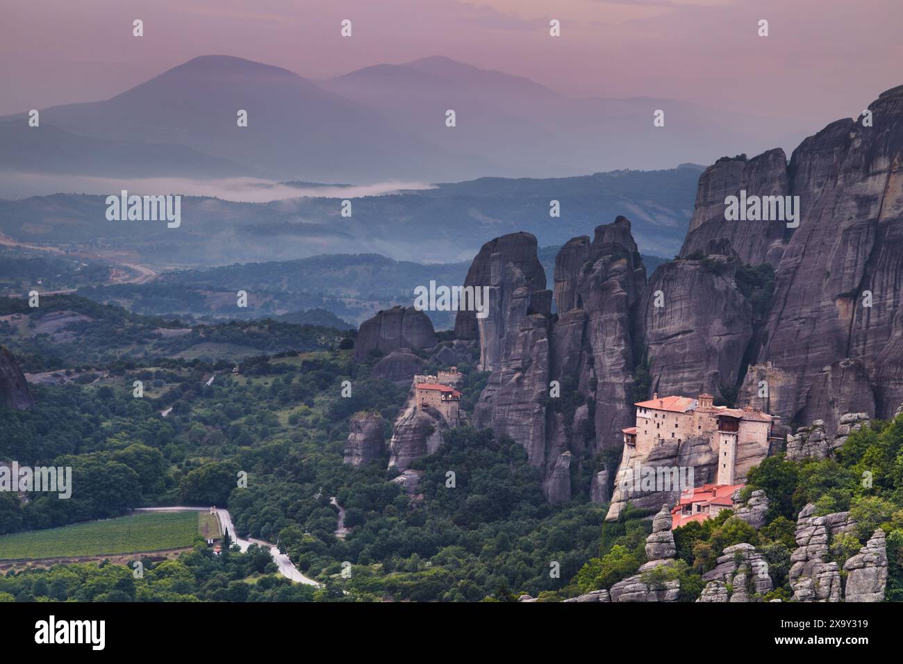 Monasteries of Meteora at sunrise. The Meteora is a rock formation in ...