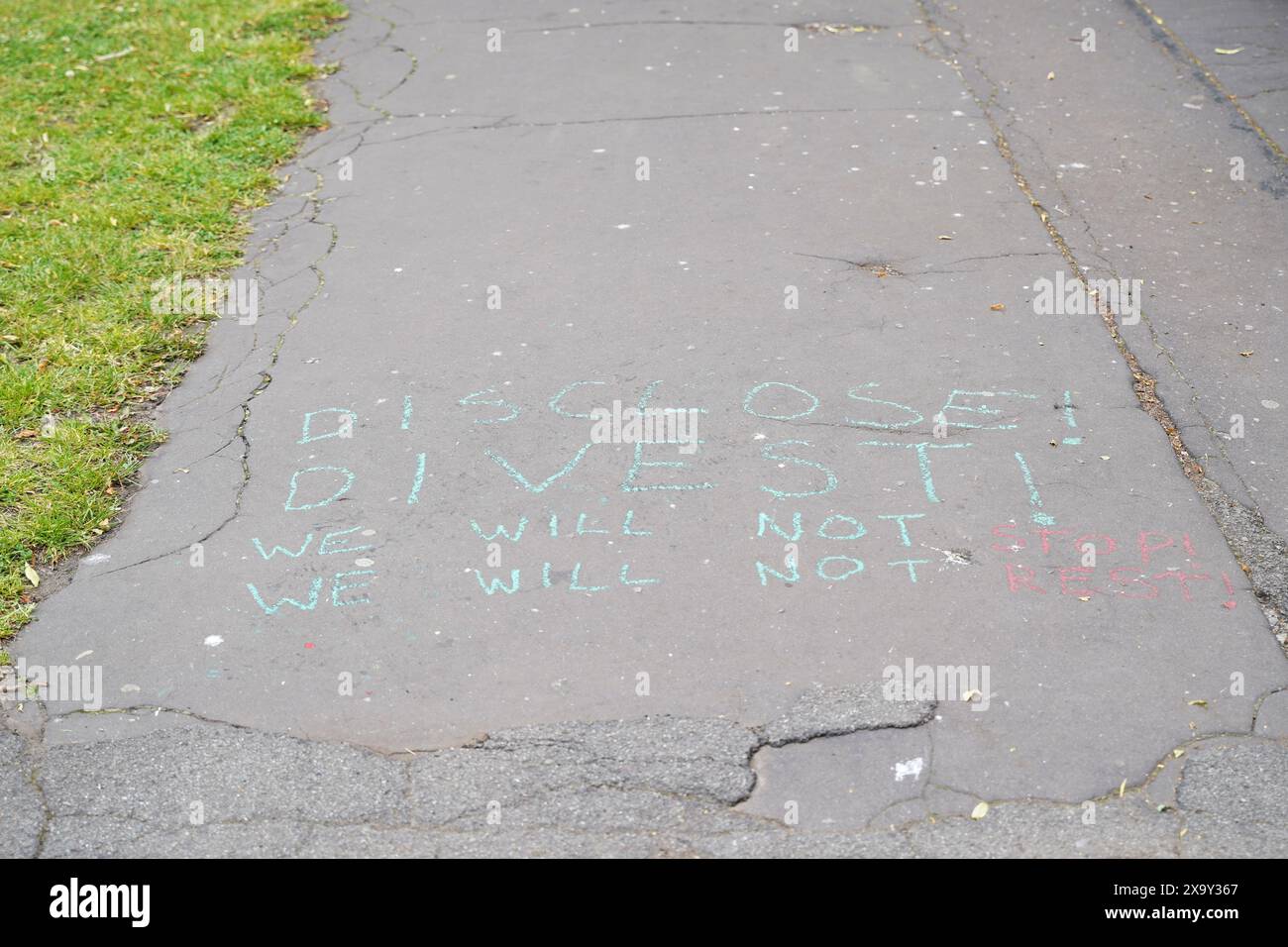 Cardiff University pro-palestine peace encampment - chalk writing on ...