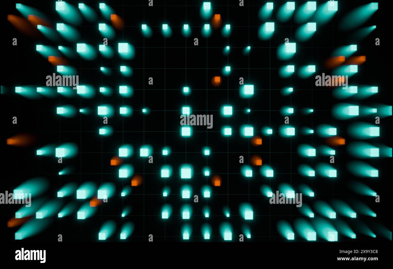 Wire frame with green and orange illuminated squares, digital ...