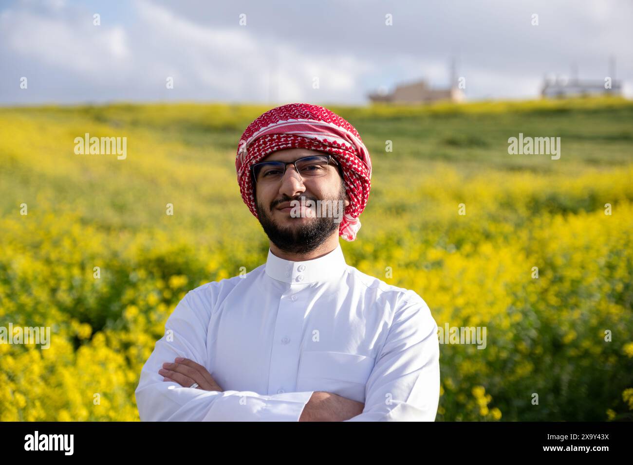 Arabic male enjoy spring time outdoors having clear mind and rest in ...