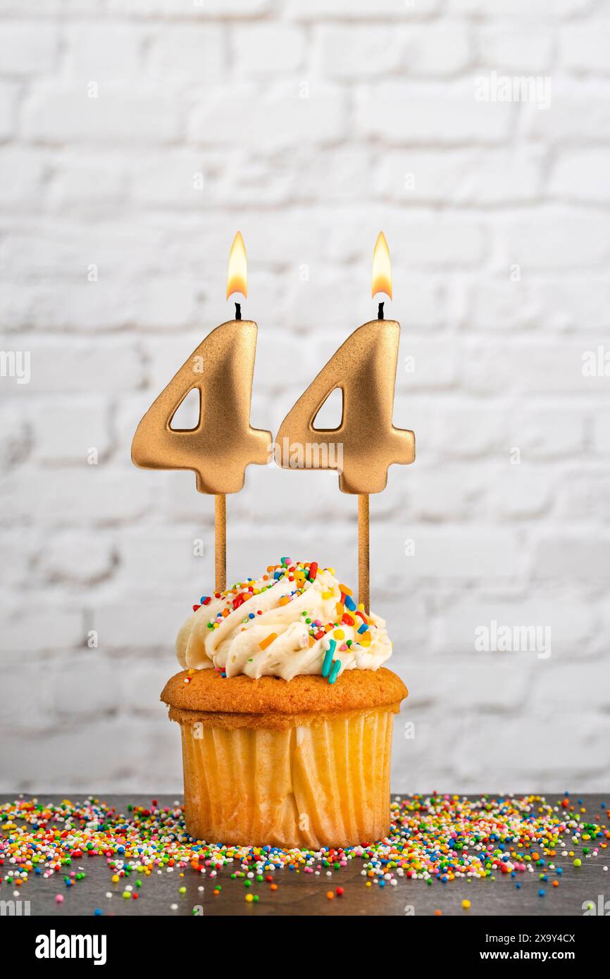 Cupcake with number 44 birthday candle - White block wall background ...