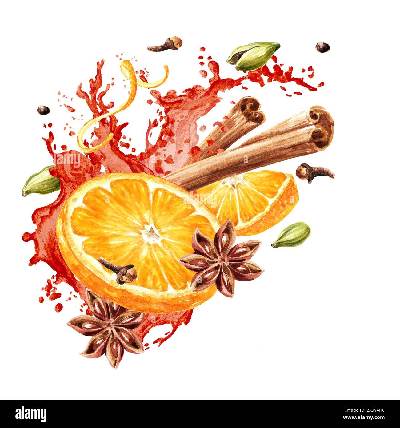 Splash of mulled wine with falling ingredient. Hand drawn watercolor ...