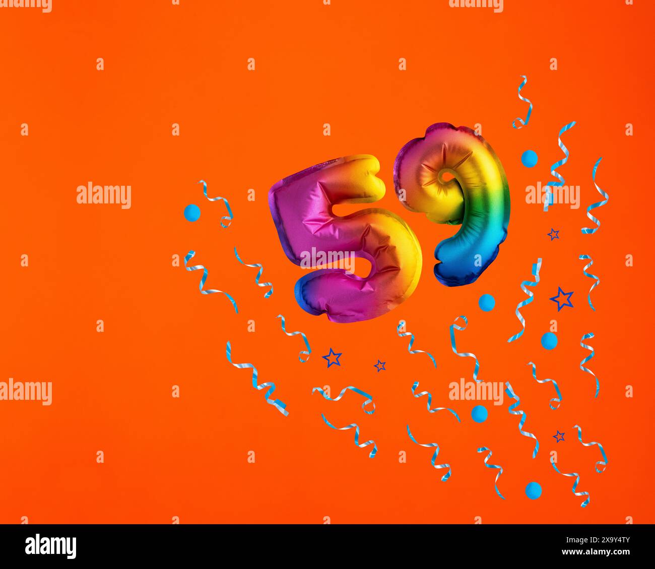 Confetti explosion with number 59 balloon - Celebration on orange ...