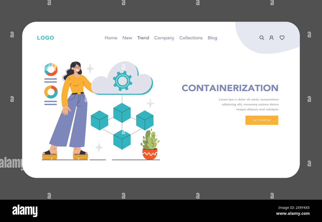 Cloud Containerization Concept Woman Presenting Modular Tech Architecture For Efficient App