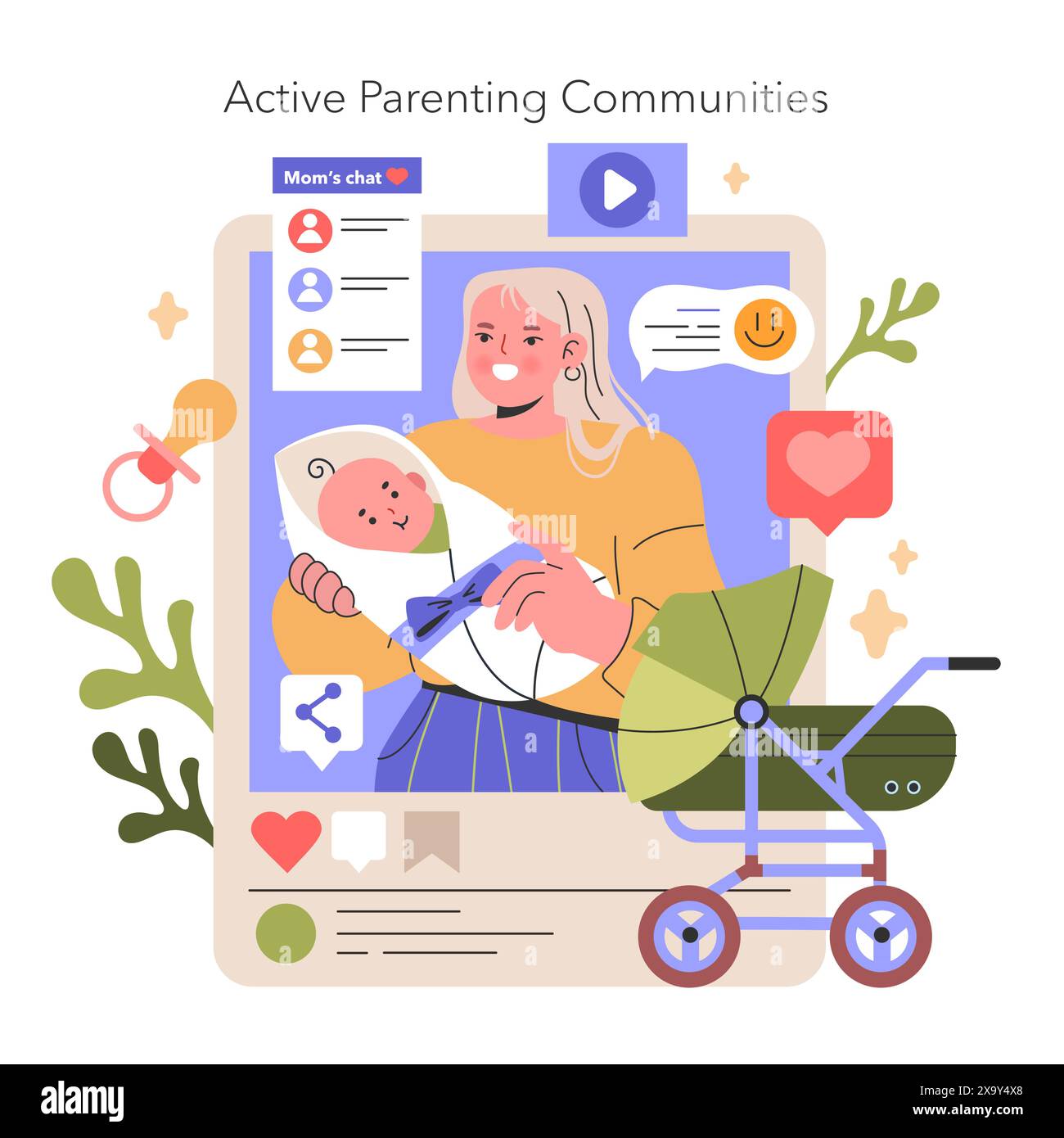 Active Parenting Communities illustration. A mother interacts online ...