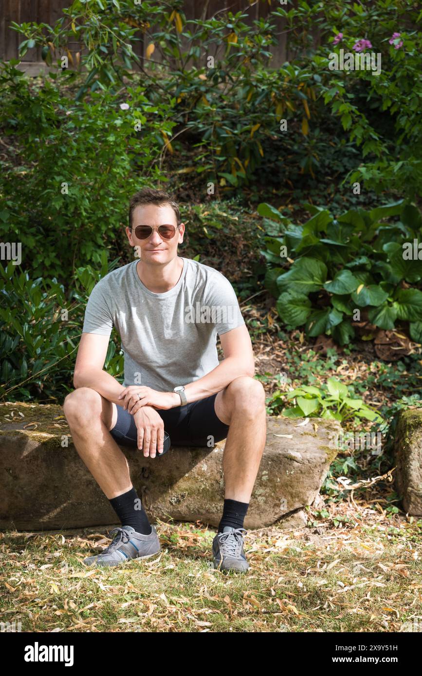 Outdoor portrait of a sporty 40 yo man, Longuich, Rhineland-Palatinate ...