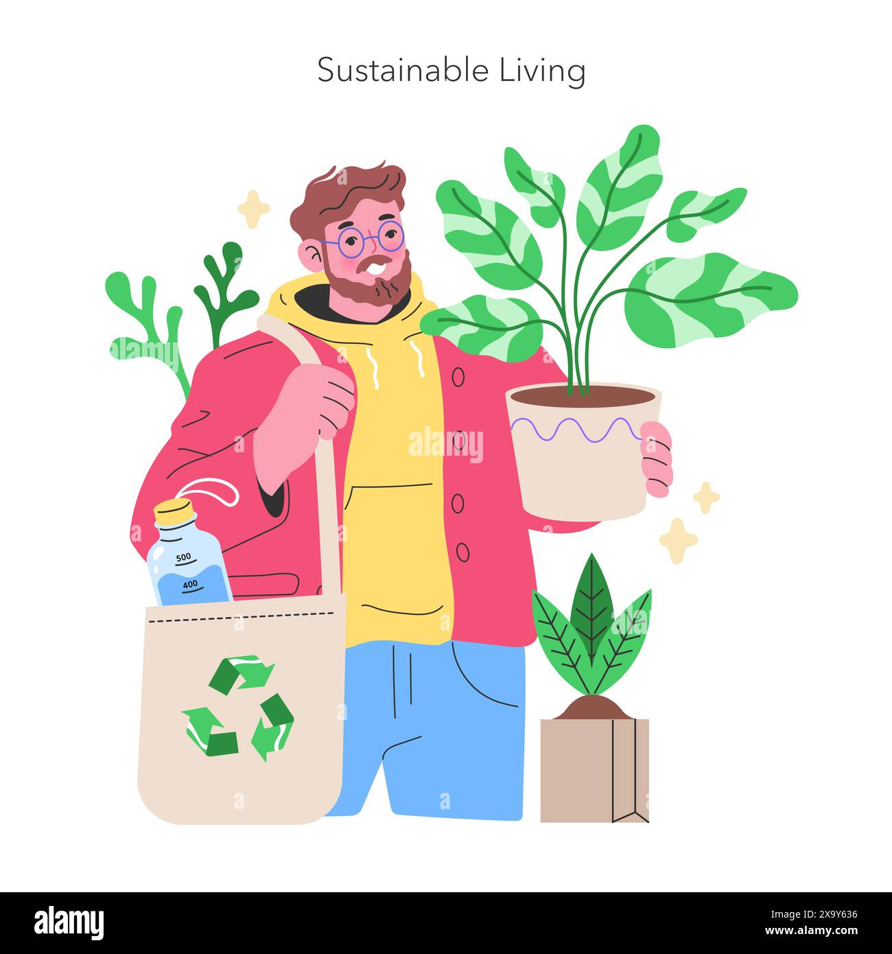 Maker Culture concept Man with plants and recycled materials, capturing ...