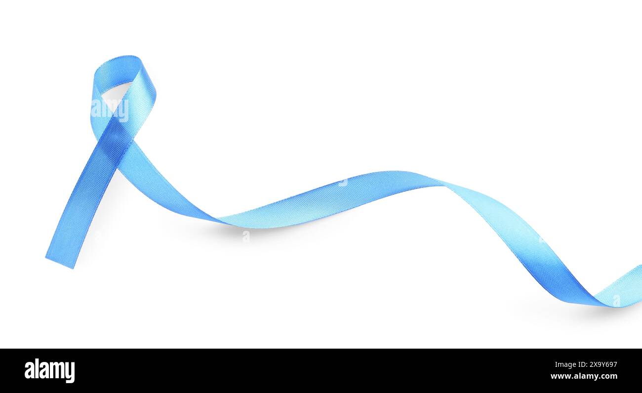 Light blue awareness ribbon isolated on white, top view Stock Photo - Alamy