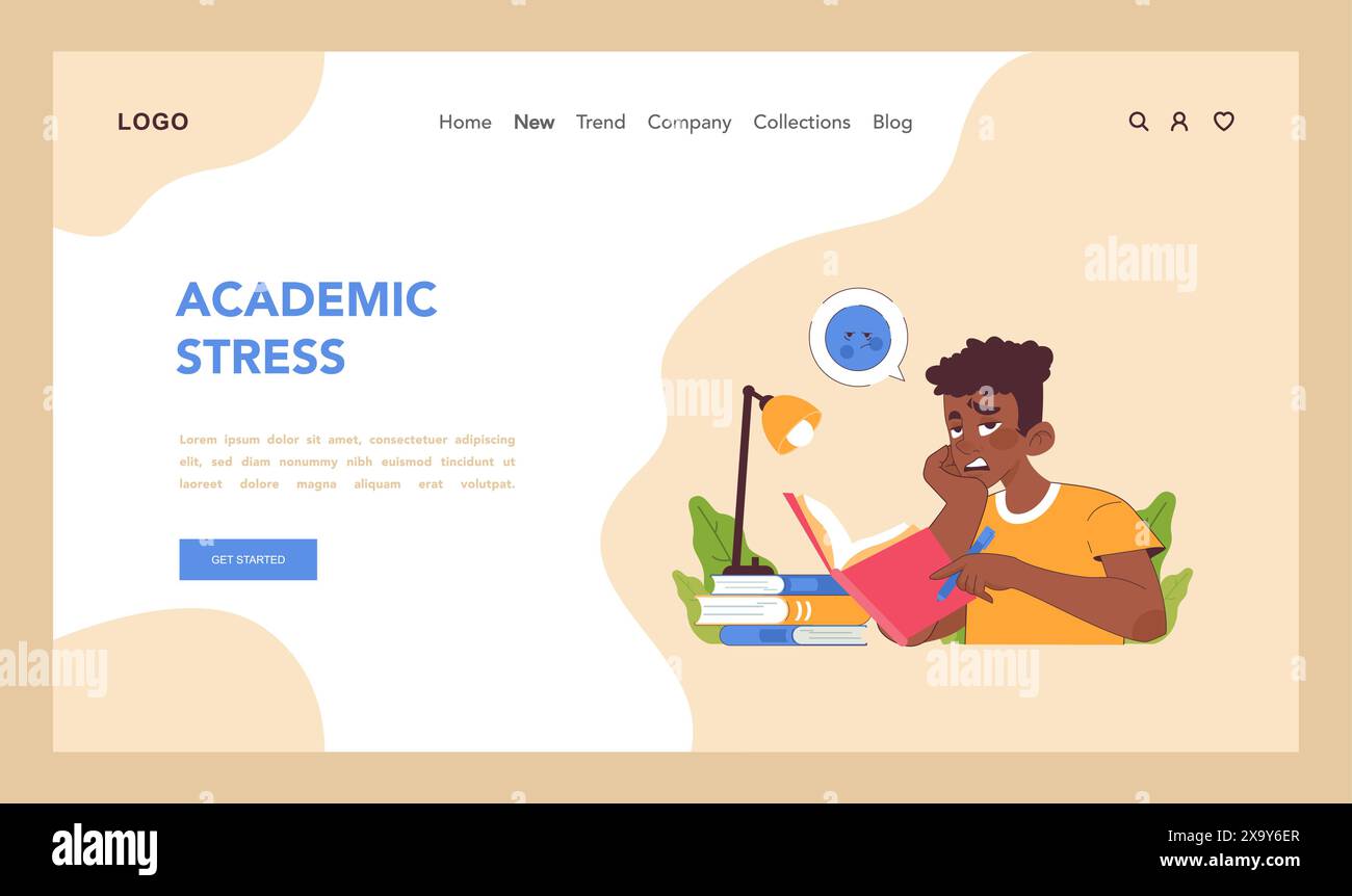 Academic stress web or landing. Worried student overwhelmed with ...