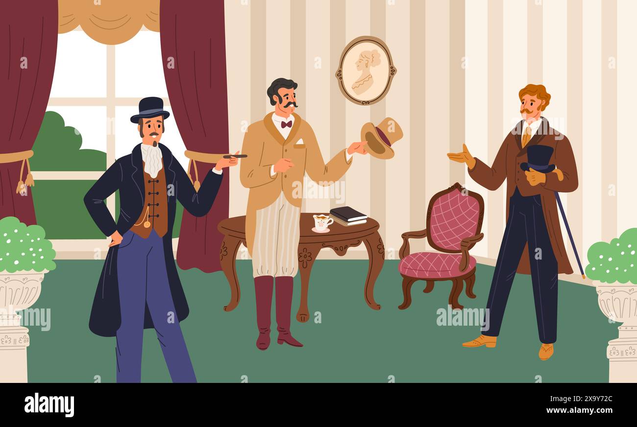 Gentlemen talking in vintage interior. Retro men smoking cigars ...