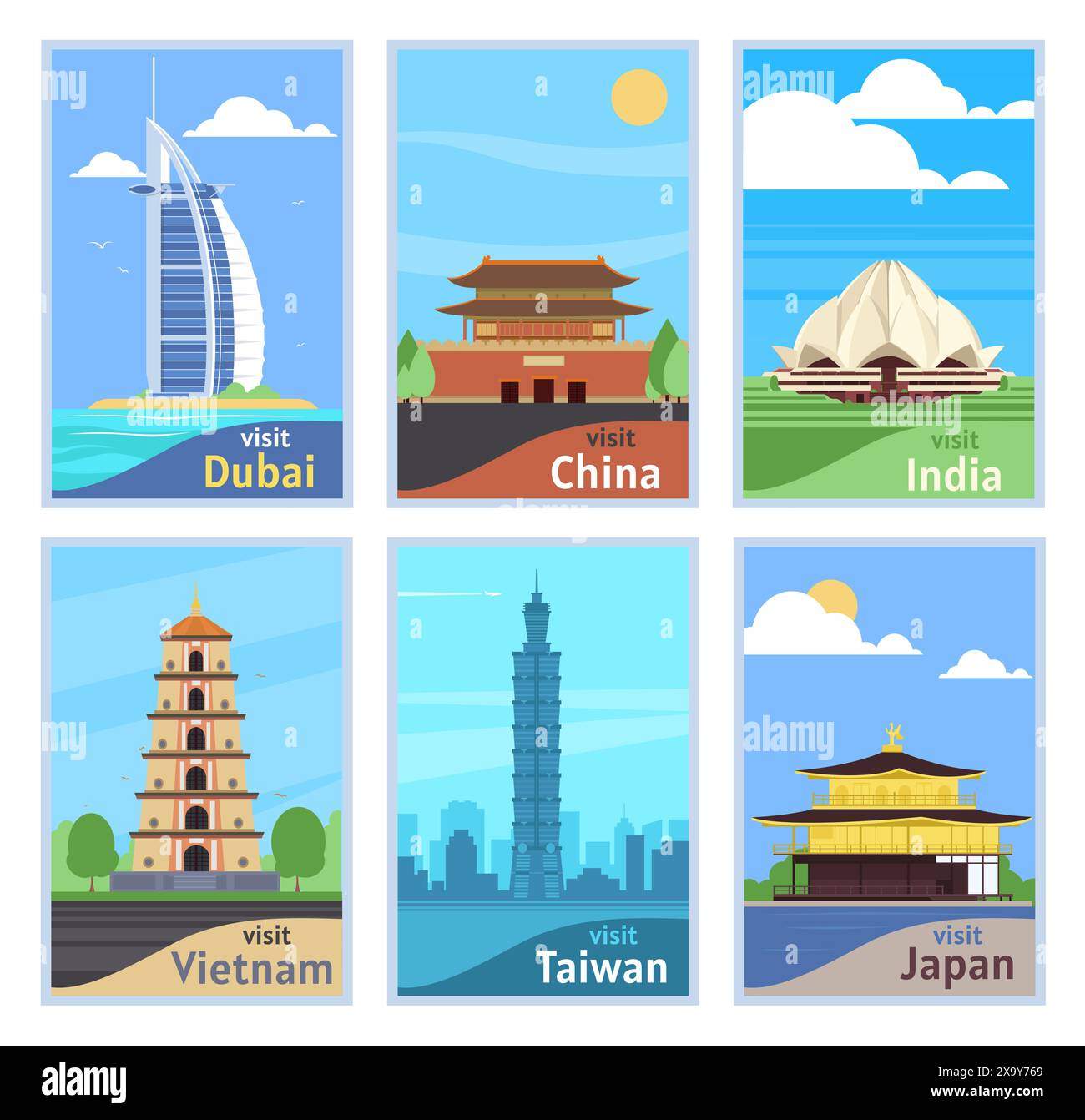 Asian traveling landmarks cards. Tourist destinations. Modern and ...