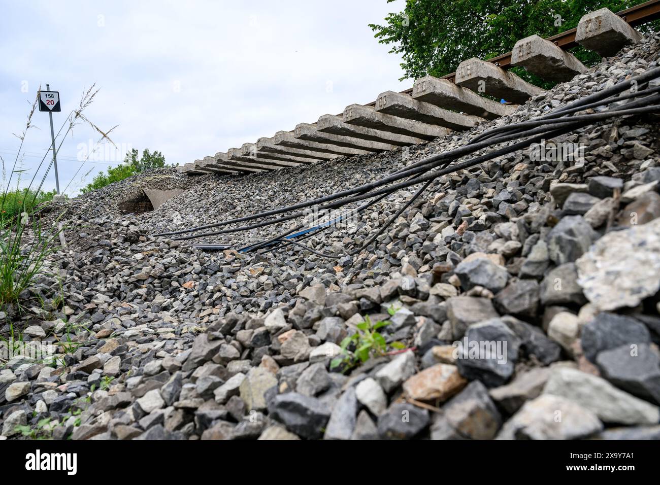 Zalhostice, Czech Republic. 03rd June, 2024. Waterlogged railway track ...