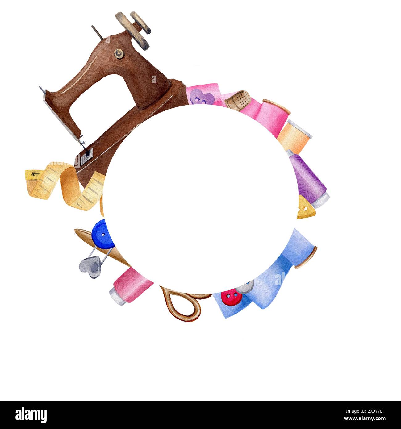 Sewing card with round copy space. Geometric square frame with sewing ...